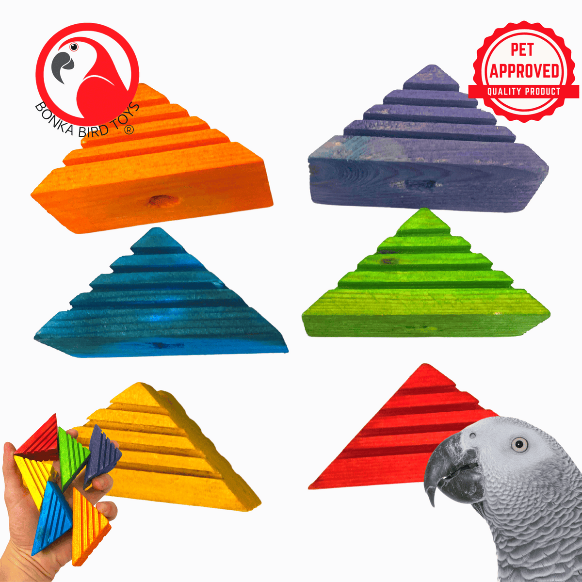 Pack 6 Wooden Triangle Blocks Large or Small - Bonka Bird Toys